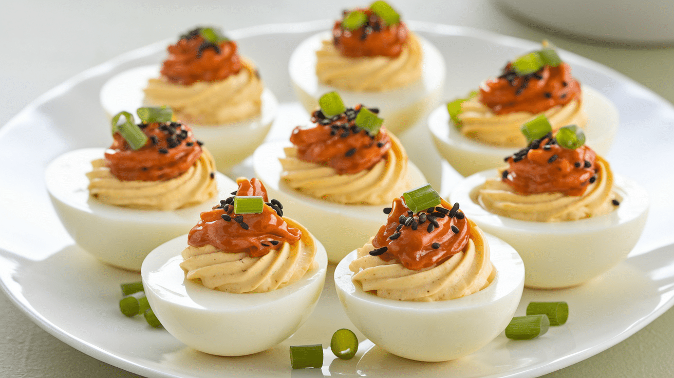Spicy & Tangy Kimchi & Sriracha Deviled Eggs Recipe - Cozy Cadence